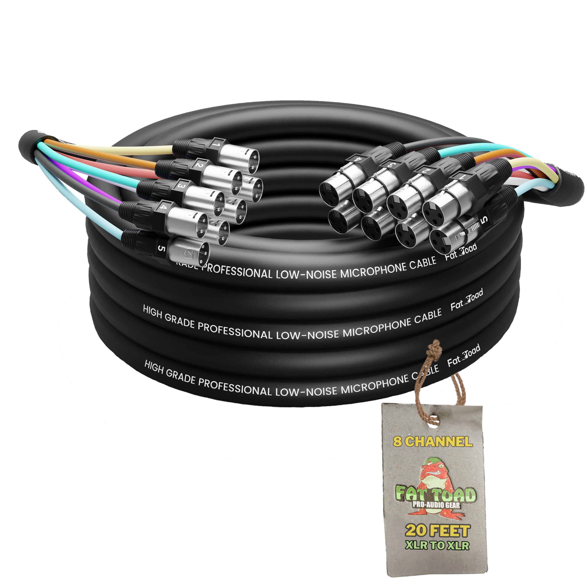Fat Toad XLR Snake Cable (8 Channels) 20 FT Patch Studio, Stage, Live Sound Recording Multicore Cords | Pro Audio Shielded Female to Male Microphone Cables for DJ Digital Mixers or PA Amplifiers