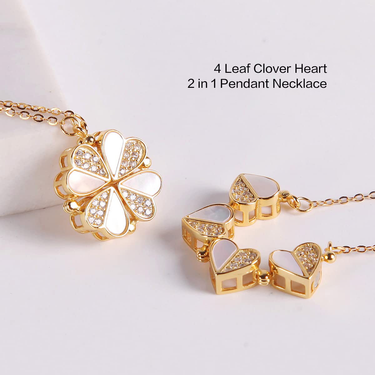 Guptue 4 Leaf Clover Heart 2 in 1 sterling silver Pendant Necklace for Women and Valentine Gift