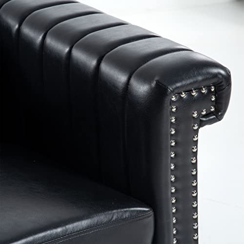 NITYASUNDARA Large Couch,Chesterfield Sofa, 3 Seater Sofa for Living Room,Square handrail Vertical Stripe Sofa Couch,Faux Leather Couch. (Black Sofa)