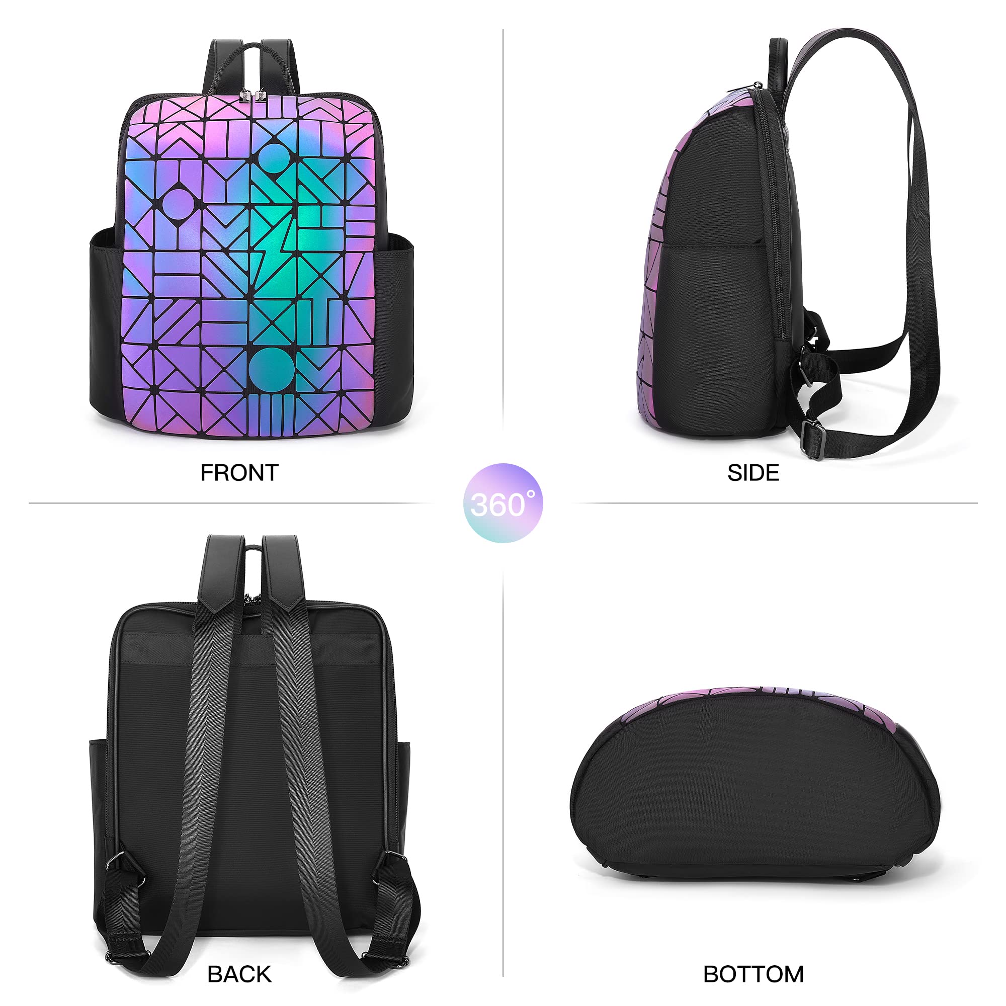 Geometric luminous crossbody bag glow-in-the-dark handbag Holographic reflective backpack purse clutch bag (Wallet + Crossbody Bag + Backpack)