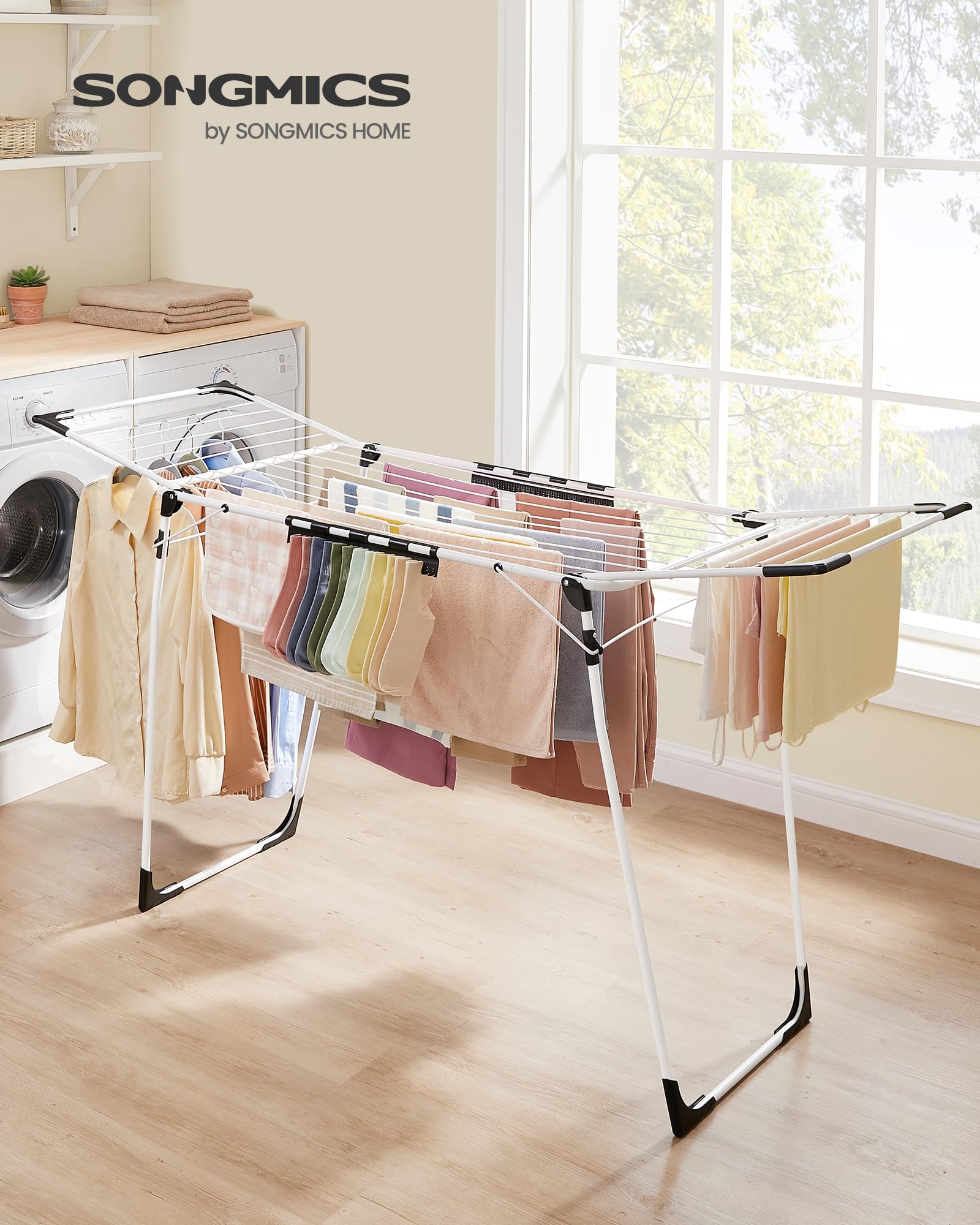 SONGMICS Clothes Drying Rack Foldable, Gullwing Laundry Drying Rack, Space-Saving, 22.2 x 68.1 x 38 Inches, Sock Clips, Metal Structure, for Clothes, Towels, Linens, Indoor, Outdoor White ULLR518W01