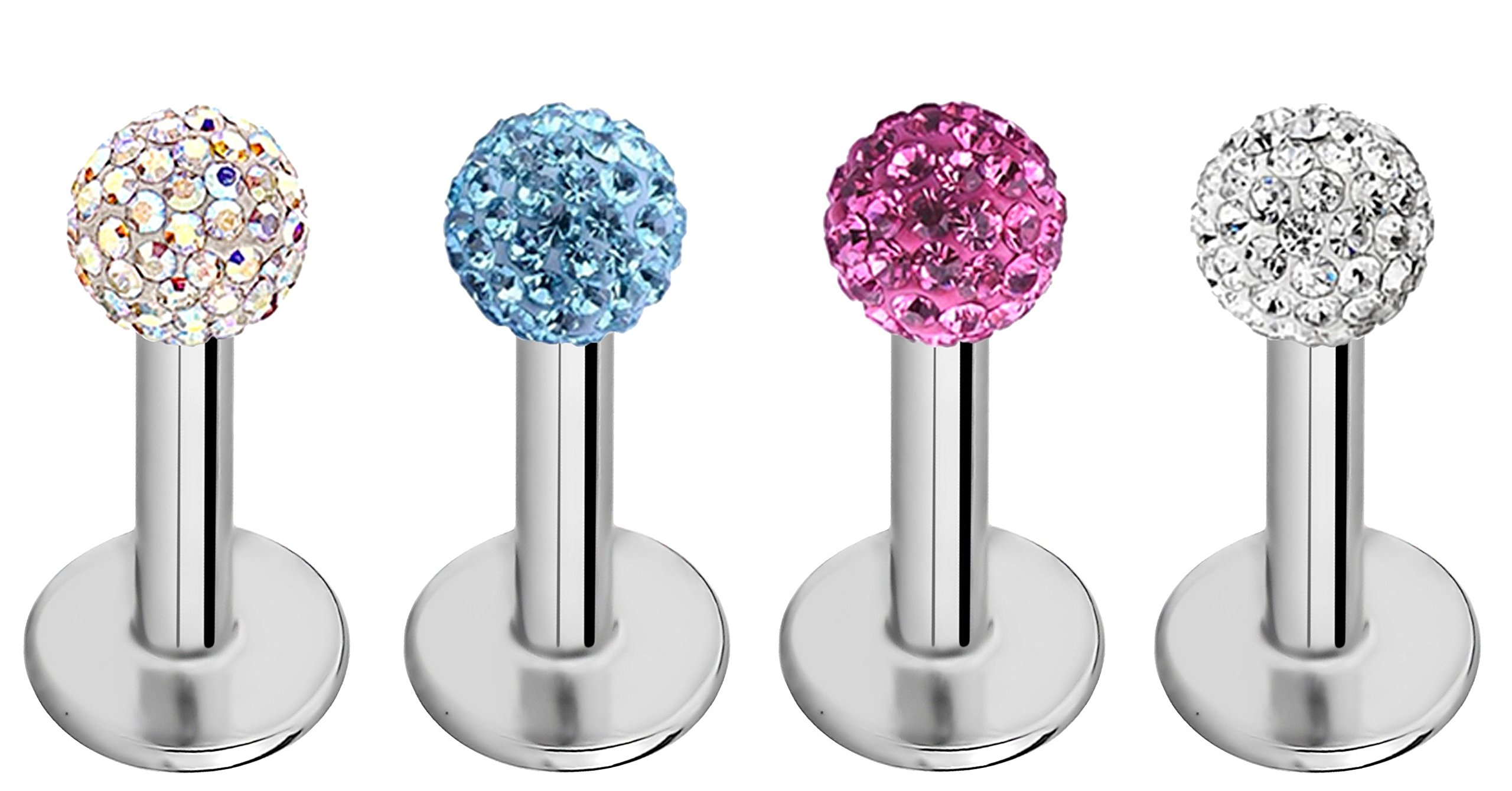 Forbidden Body Jewelry 4 Pc Value Pack: 16g 6mm Tragus, Helix, Cartilage and Labret Piercing Studs with 3mm Ferido Crystal Tops