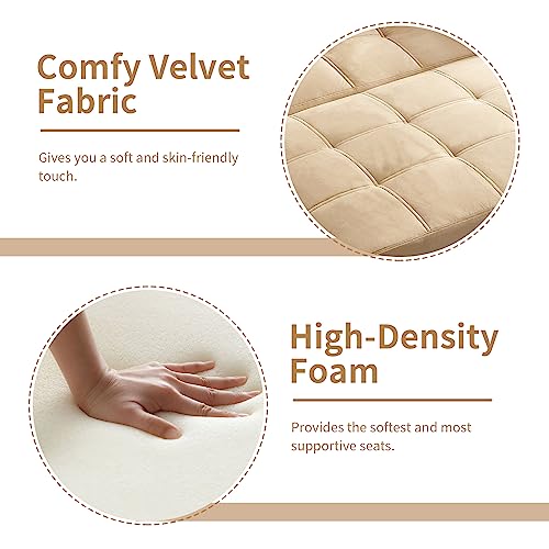 NIOIIKIT 3-in-1 Convertible Sleeper Sofa Bed, Modern Velvet Loveseat Sofa Couch, Chaise Lounge with Adjustable Backrest, Pillows, Pocket, Pull Out Bed for Living Room, Bedroom (Khaki)