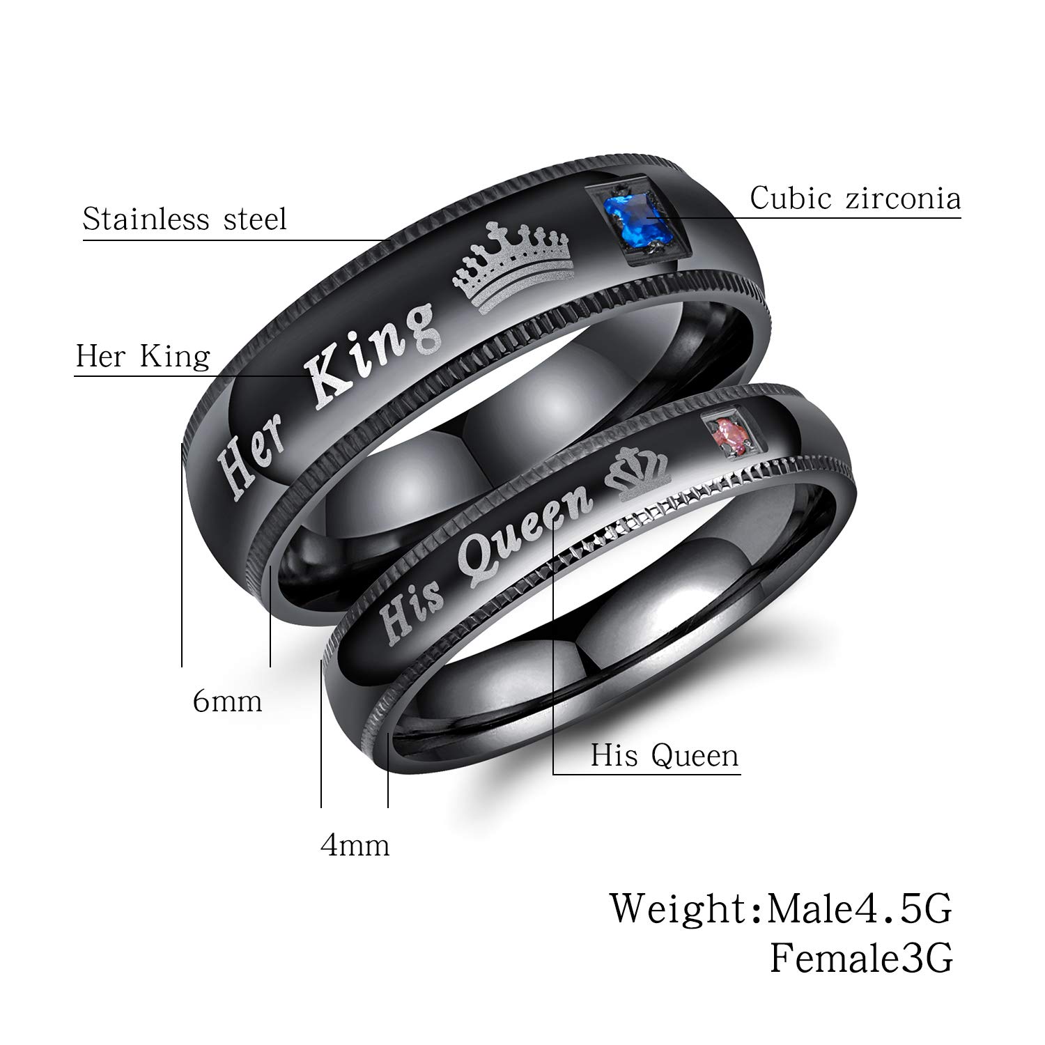 Felicelia 2pcs His Queen Her King Wedding Engagement Band Stainless Steel Black Couple Rings for Him and Her Matching Set