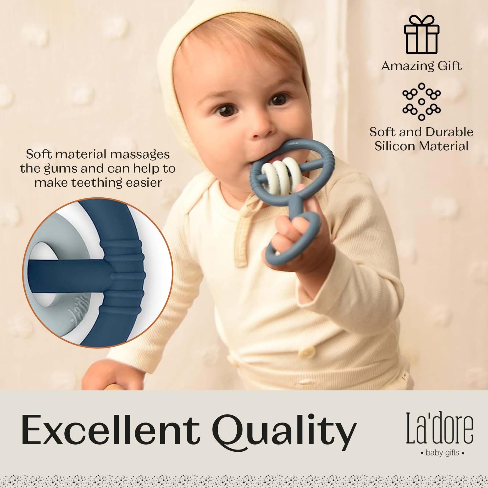 La'dore Baby Teething Toys Premium Baby Double Teether Soft Food-Grade Silicone Teethers for Babies -Shaped Easy to Clean Teething Ring Soother for Infants (Vanilla)