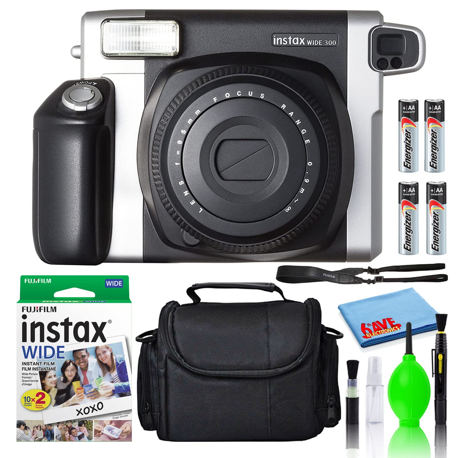 Fujifilm Instax Wide 300 Instant Film Camera (Black) Bundle with Fujifilm Instax Film Pack (White, 20 Shoots) + Carrying Bag + Camera Cleaning Kit + More