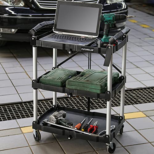 FUTURELAB Portable Folding Service Cart - 3 Tier 330LBS Capacity - Rolling Cart Utility Cart Foldable Cart with Wheels for Warehouse Home Workshops Garages Restaurants Offices