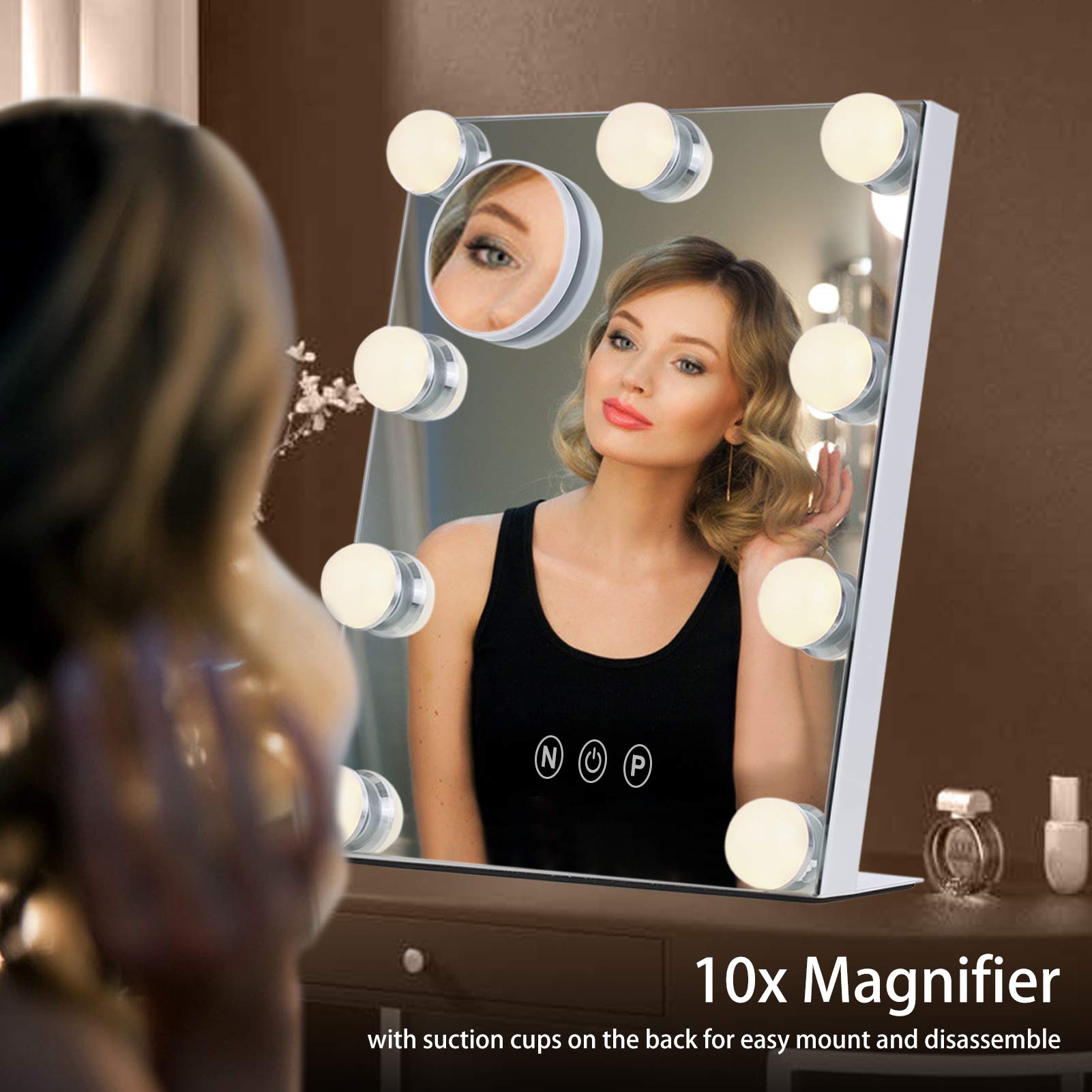 Hollywood Mirror with Light Lighted Vanity Makeup Mirror Cosmetic Mirror Touch Control 9 LED Bulbs 3 Colors Dimmable Light 10X Magnification(White)