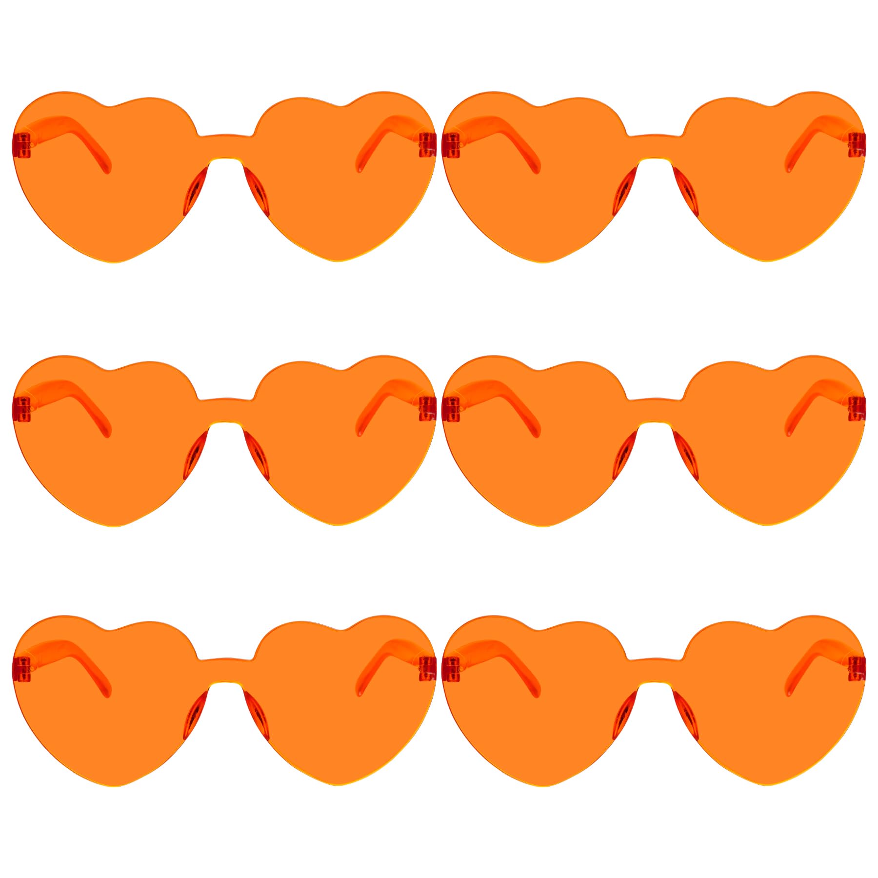 Fengek 6 Pcs Heart Shape Sunglasses Frameless Transparent Glasses Party Favors for Girls, Women, Orange