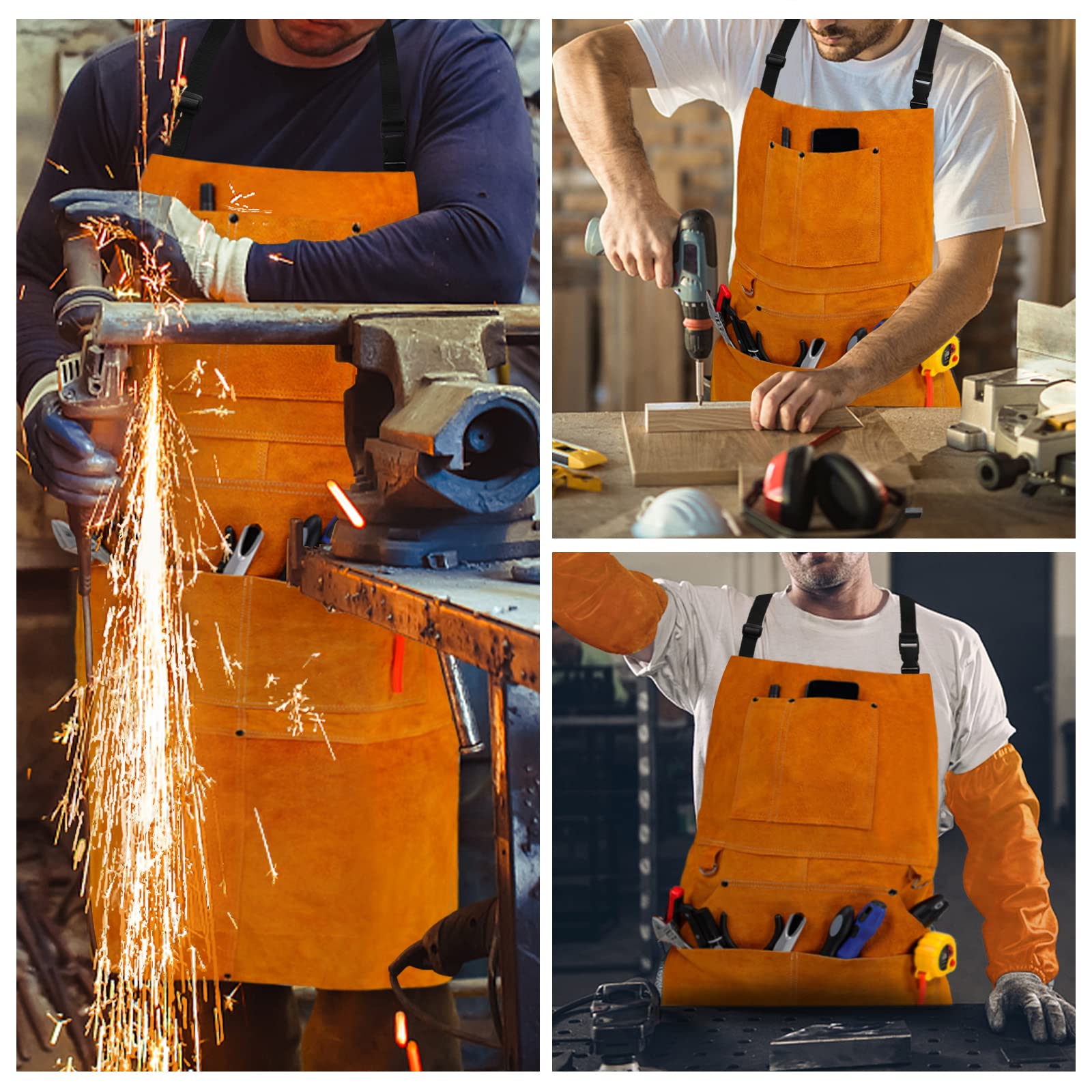LIZMOF Welding Apron& Sleeves, Leather Apron for Men& Women, Woodworking Apron for Blacksmith, Heat & Flame Resistant Tool Apron, Heavy Duty Cowhide Leather Work Apron, 23" x 39.6"