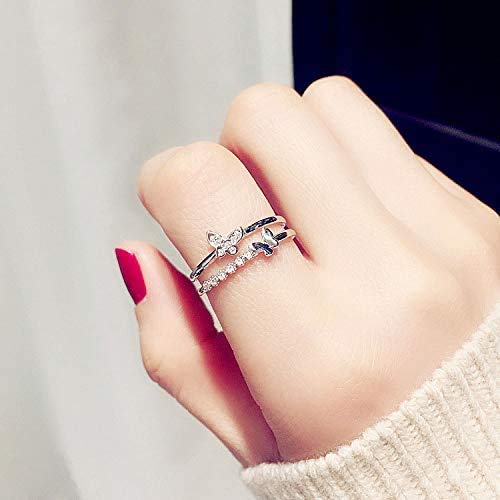Flzaitian Gold Silver Rose Gold Butterfly Statement Ring Opening Adjustable Double Butterfly Ring for Woman (Silver)