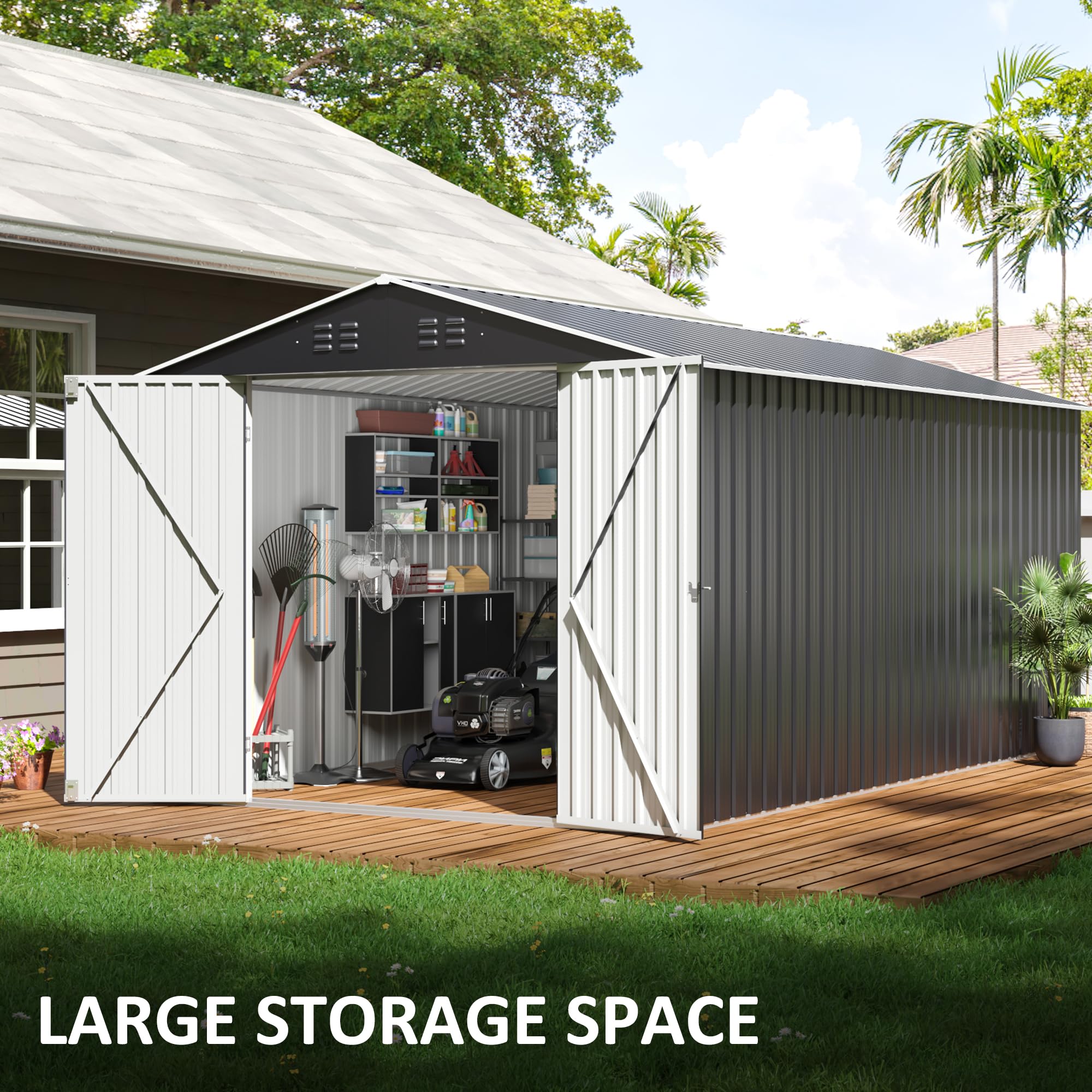 VIWAT 12x8 FT Outdoor Storage Shed, Large Garden Shed with Updated Frame Structure and Lockable Doors, Metal Tool Sheds for Backyard Garden Patio Lawn, Black