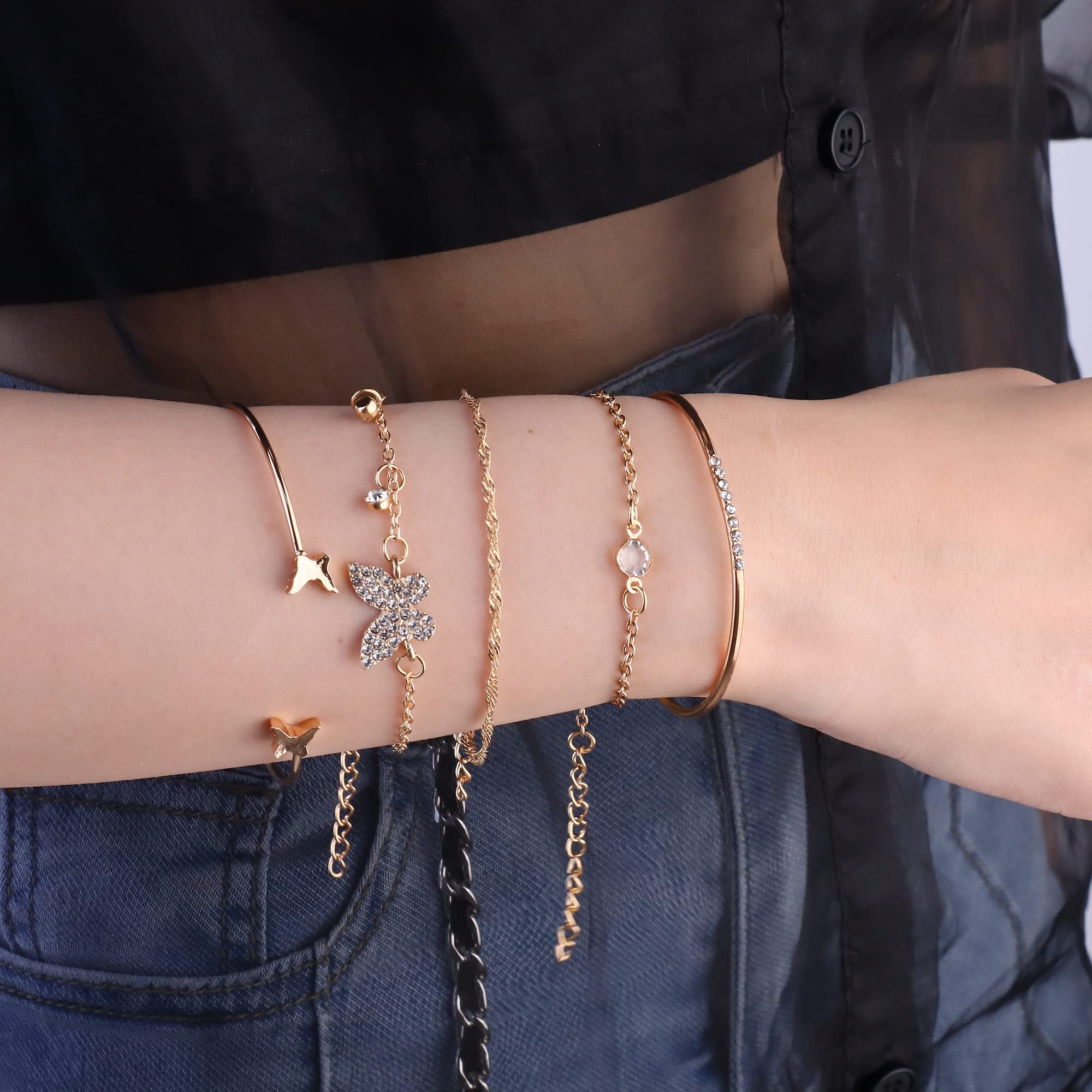 IRONBOX 35 Pcs(8 PACK) Boho Gold Chain Bracelets Set for Women Multiple Layered Stackable Open Cuff Wrap Bangle Adjustable Fashion Paperclip Link Italian Cuban Jewelry for Women Gift