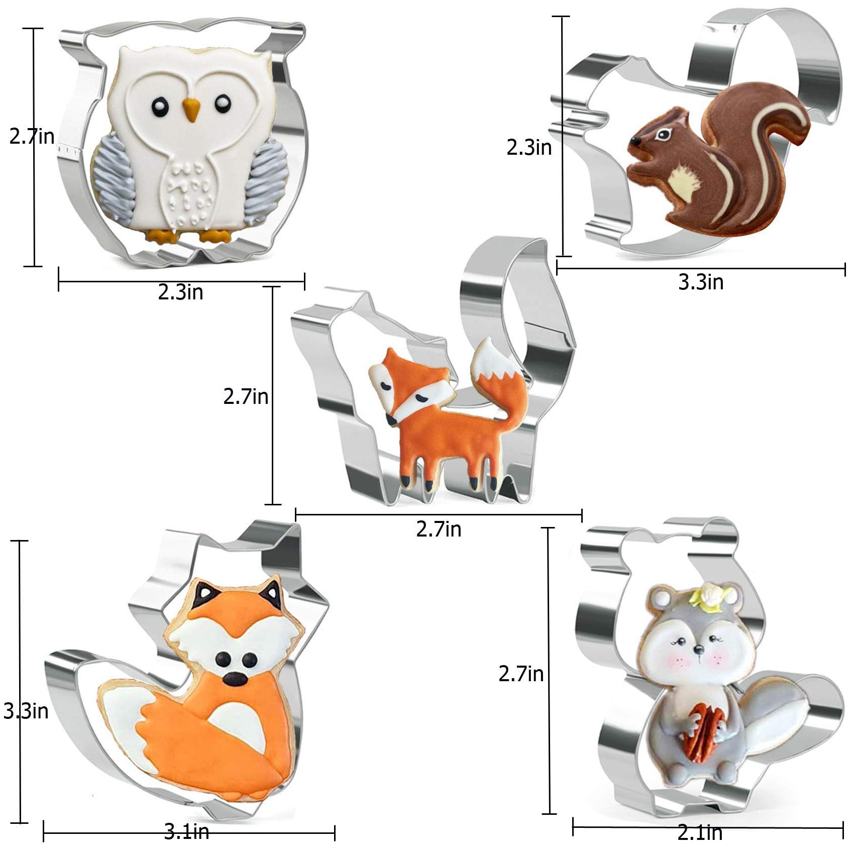 KAISHANE 5PCS Animal Cookie Cutter Set - Fox Owl Raccoon Squirrel Forest Woodland Animal Cookie Cutters Molds for Kids