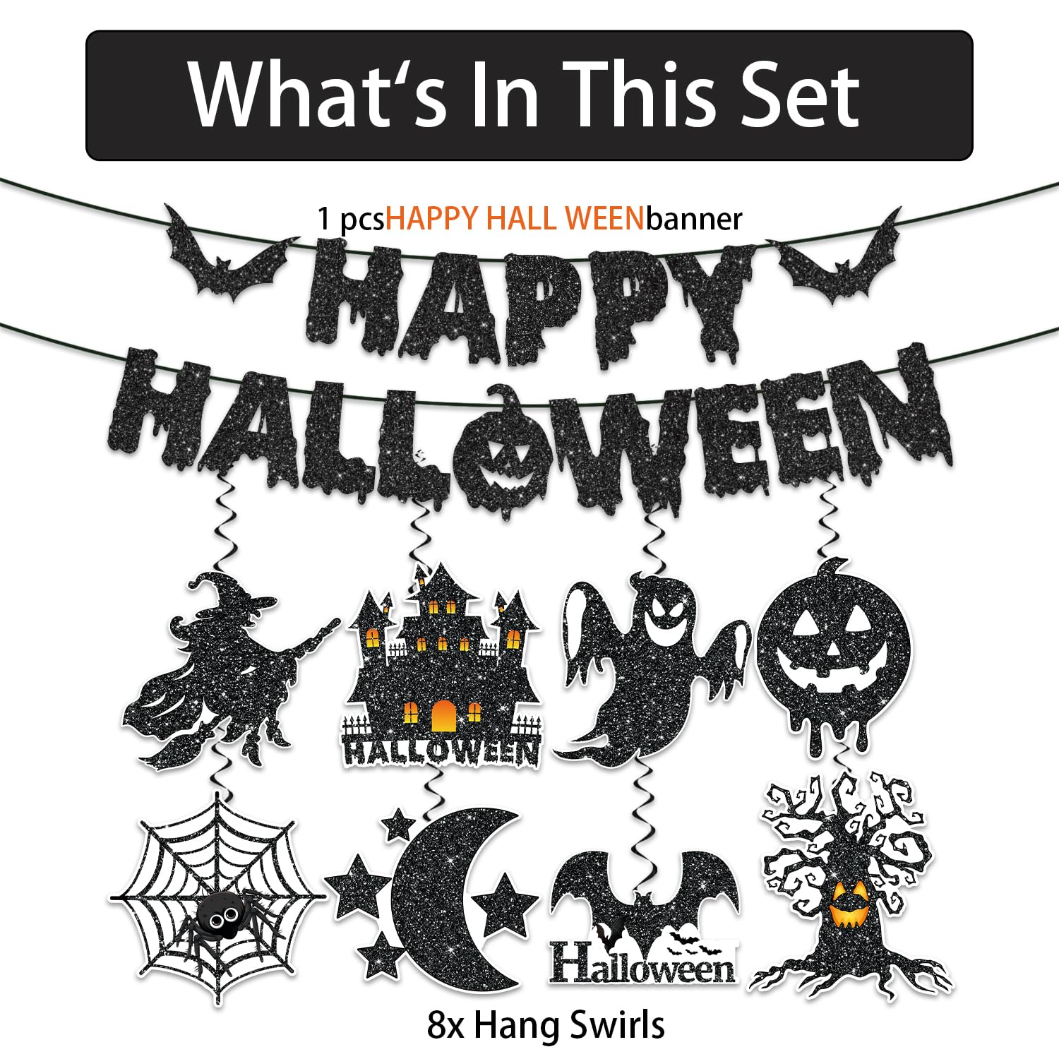 Halloween Office Decor, with 1psc No Diy Happy Halloween Banner and 8pcs Halloween Hanging Decorations Swirl, Halloween Decorations for Office, Happy Halloween Decorations