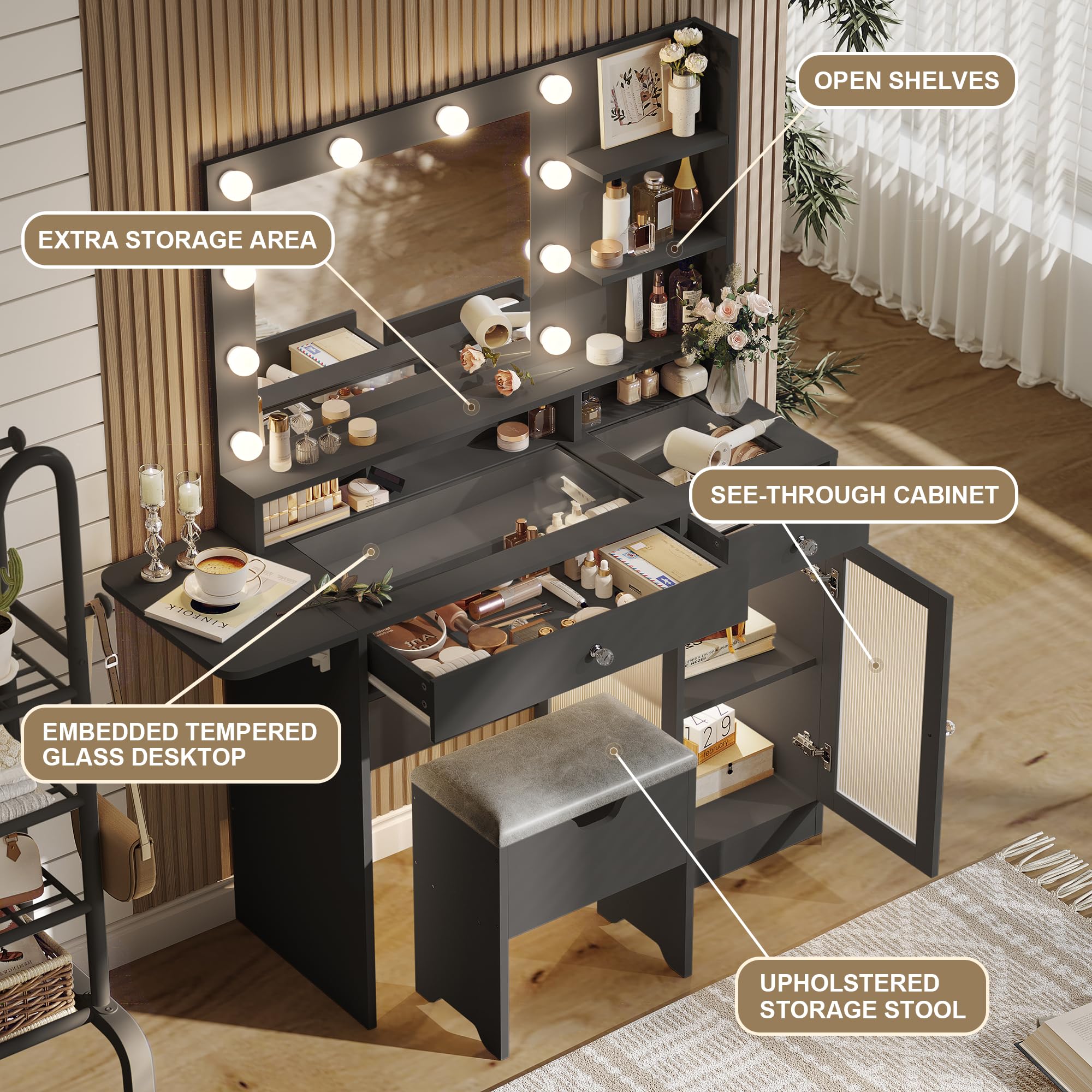 Fulhope Vanity Desk with Mirror and Lights, Chair & Outlet, Makeup Vanity with Lights, Black Vanity Table with 2 Drawers for Makeup Storage, Makeup Desk with Mirror for Bedroom, SZT-2