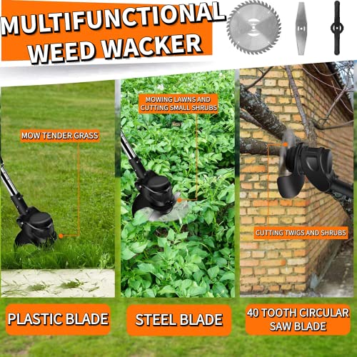 Weed Wacker Electric Cordless String Trimmer Weed Eater Grass Trimmer, with 3 Function Blades,Height Adjustable Lawn Edger Brush Cutter 2 Battery&Charger for Home Garden, Lawn, Yard(Black)