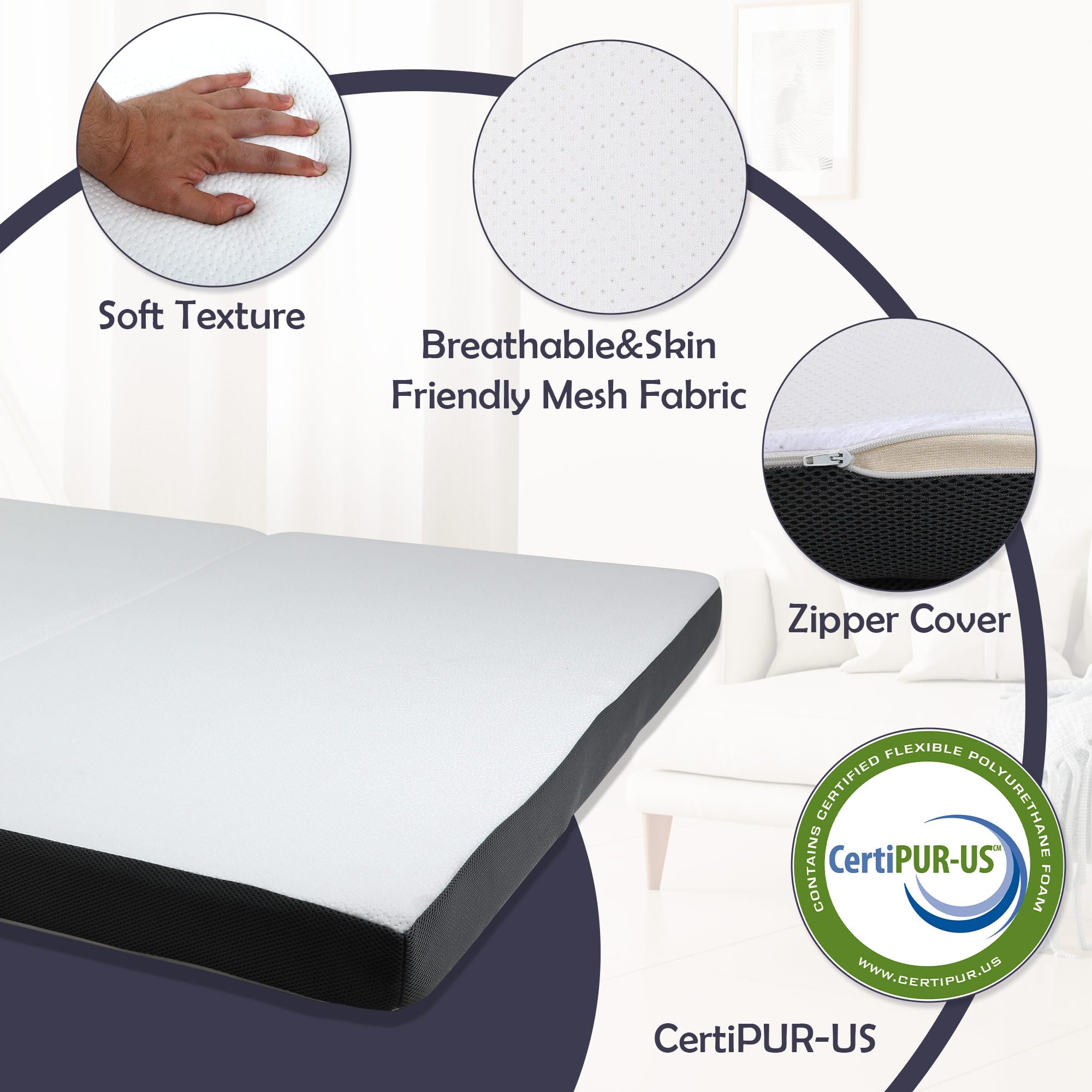 Folding Mattress, Tri-Fold Gel Memory Foam Mattress Portable Foldable Mattress with Washable Cover & Non-slip Bottom & Breathable Mesh Sides, Certipur-Us Certified, Fiberglass Free, (4 Inch, Queen)