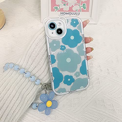 NITITOP Compatible for iPhone 13 Case Clear Floral Bear Camera Lens Case with Lovely Flower Bracelet Chain for Women Girls, Soft TPU Shockproof Cover-Blue