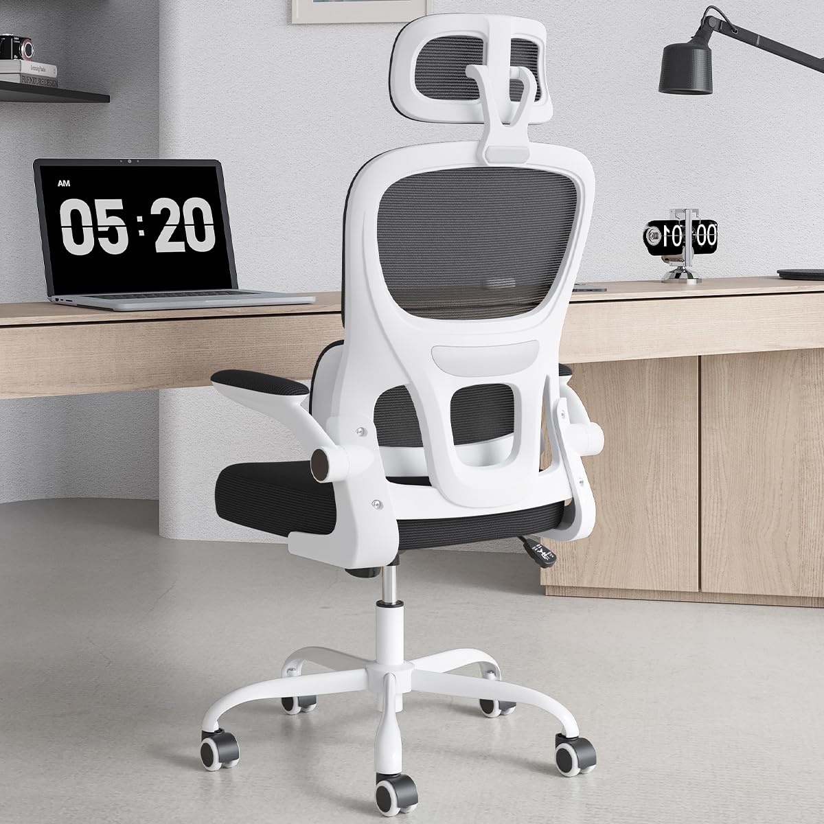 Soohow Ergonomic Home Office Chair, Mesh Desk Chair with Lumbar Support, Comfy Computer Desk Chair with Flip Armrest Rolling Wheels, White.
