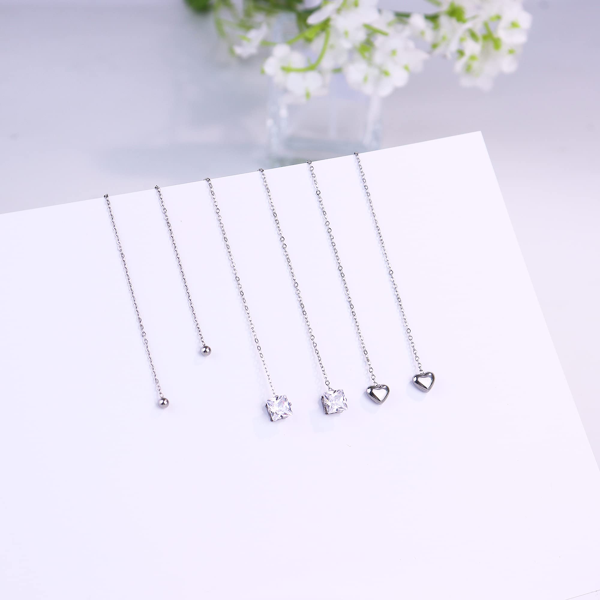 IRONBOX 9Pairs Threader Earrings for Women Stainless Steel Curved Ear Threader Chain Earrings Heart Star CZ Drop Dangle Chain Tassel Threader Earrings Lightweight Threader Earrings Set