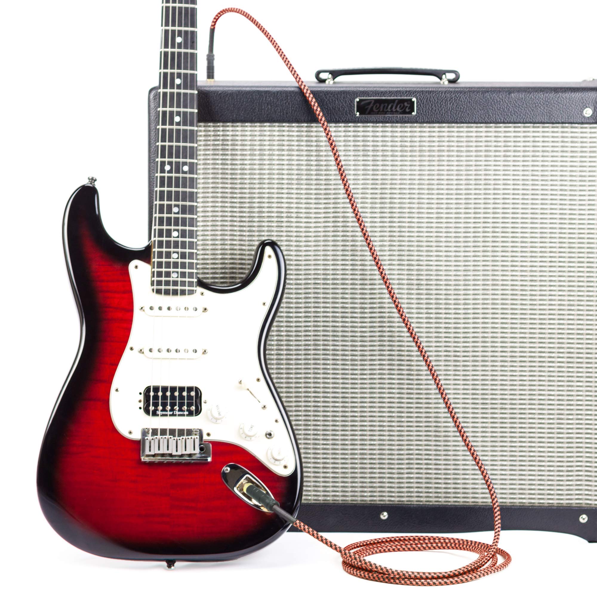 Guitar Cable 10 ft - 1/4 Inch Right Angle Red Instrument Cable - Professional Quality Electric Guitar Cord and Amp Cable - Low Noise Bass and Guitar Lead - Reliable Cords for a Clean Clear Tone