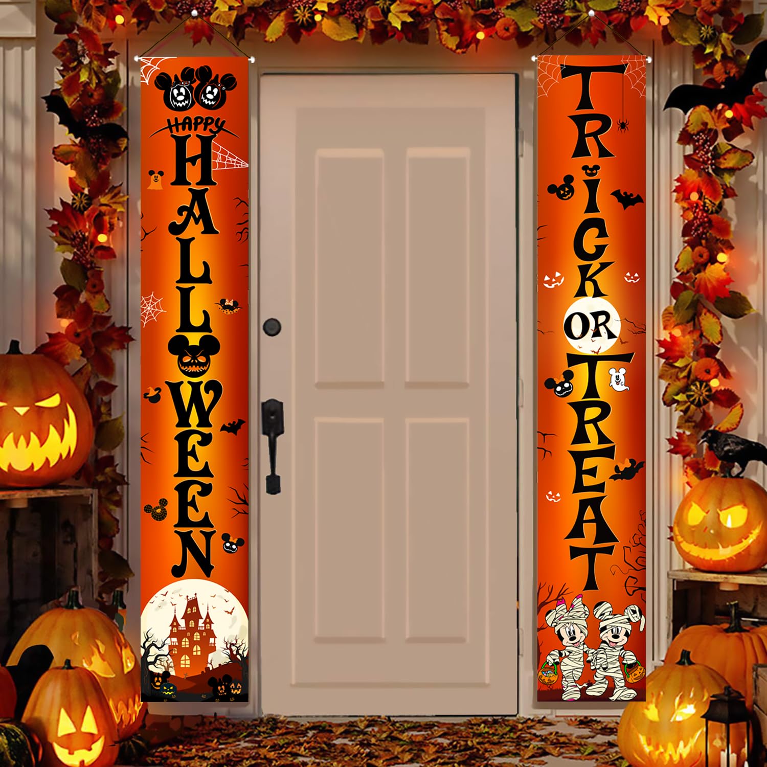 Halloween Porch Sign Decorations, Halloween Mouse Door Banner, Trick or Treat Happy Halloween Decorative Hanging Banner for Front Door Outside Halloween Party Wall Porch Sign Halloween Door Banner