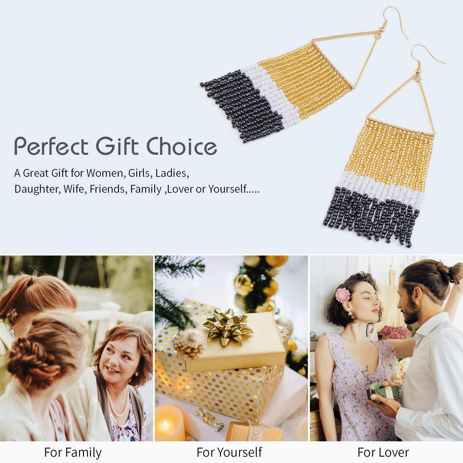 Handmade Beaded Tassel Earrings - Statement Seed Bead Earrings, Boho Beaded Fringe Drop Earrings for Women (TRIANGLE GOLD BLACK)