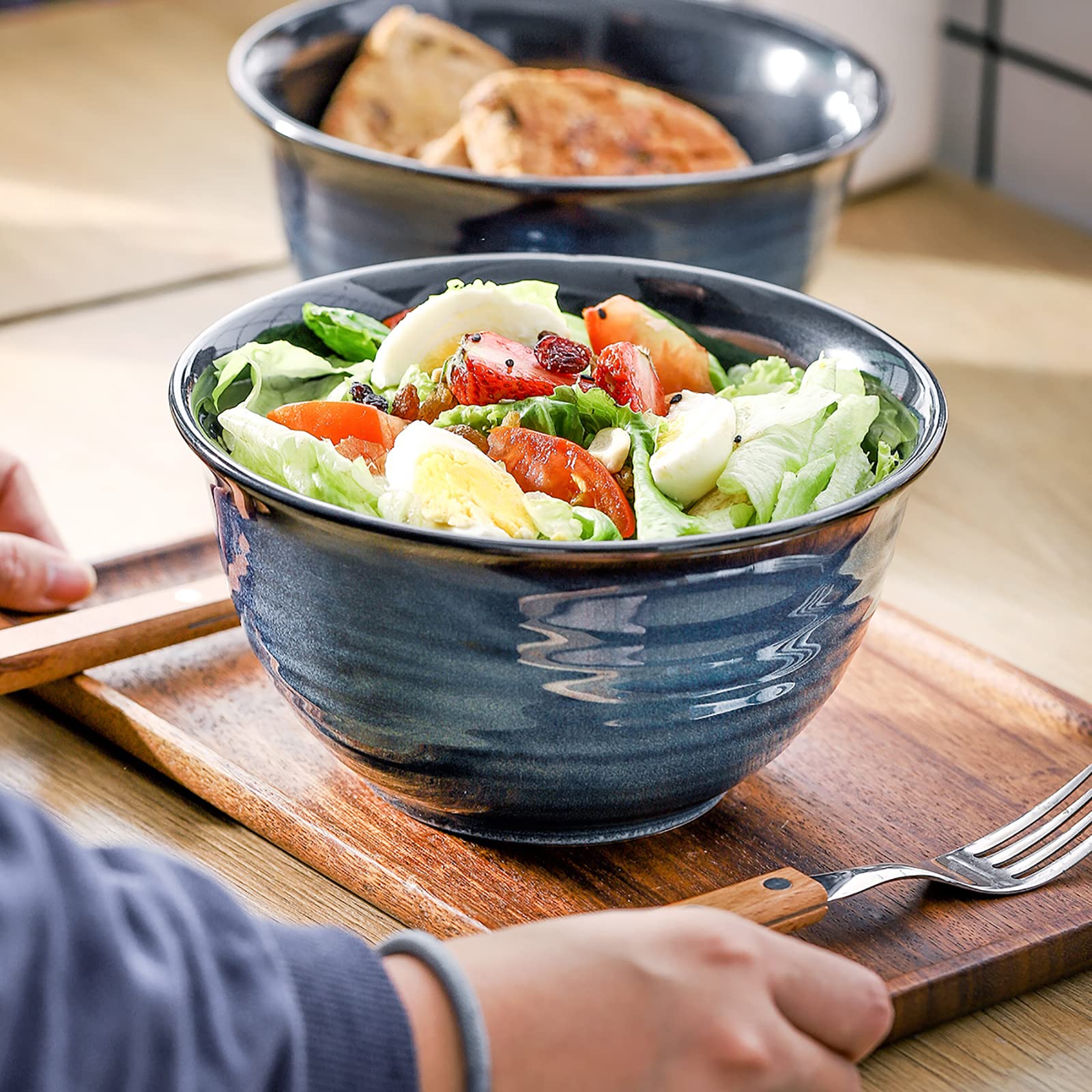 Hasense Ceramic Soup Bowls Set of 4, 40 Ounce Large Cereal Bowls for Kitchen, Deep Serving Bowls for Salad Pasta Ramen Pho Popcorn, Dishwasher Microwave Safe, Navy Blue
