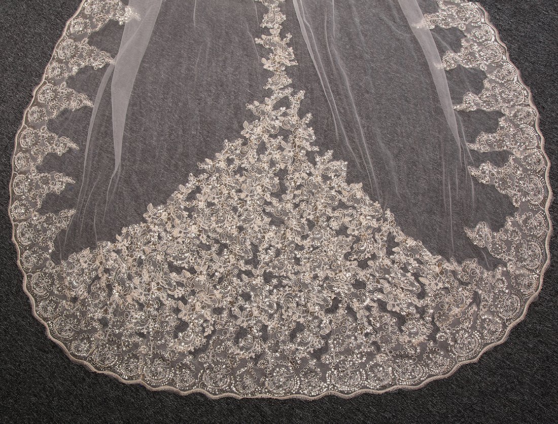 EllieHouse Cathedral Length Sequin Lace Wedding Bridal Veil for Bride Champagne
