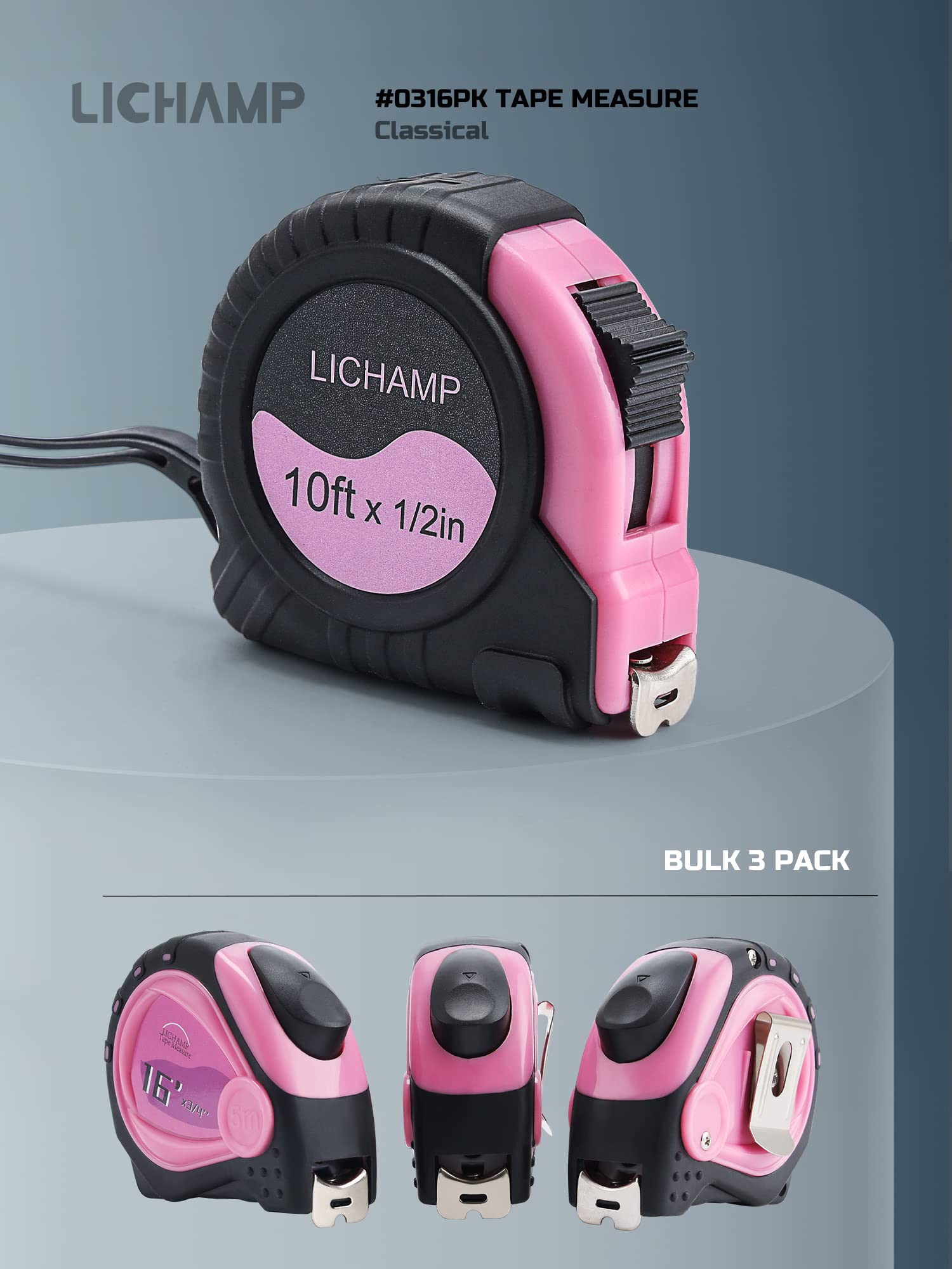 Lichamp Small Tape Measure 10 Feet, Pink Tape Measure Mini 3 Pack 10ft x 1/2in with 1/8 Fractions, 0310PK