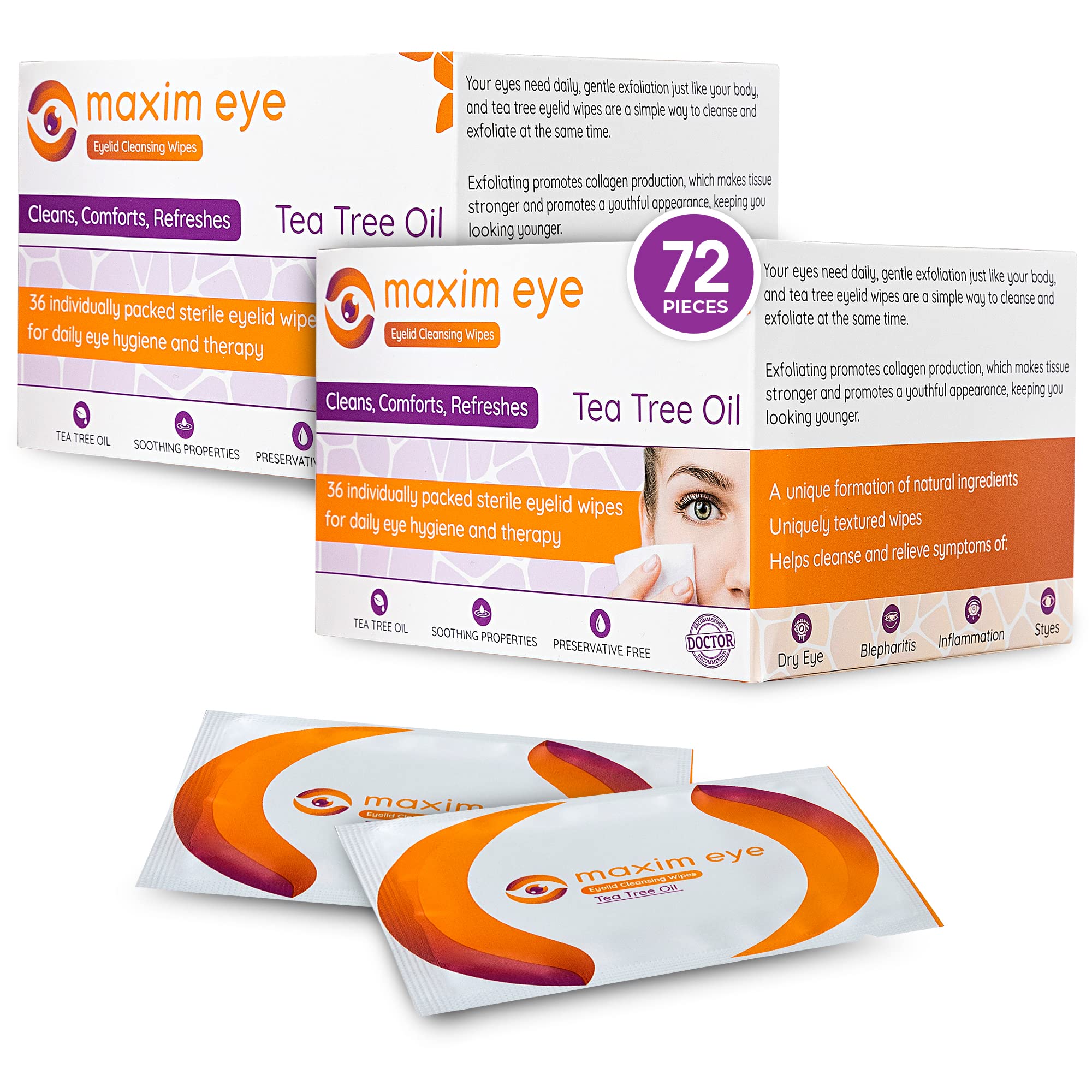 Maxim Eye 2 PK - Tea Tree Eyelid Wipes 36 Pieces (72 Pieces in total), Exfoliating Eyelid Scrubs for Dry, Itchy, Swollen and Irritated Eyes, Eyelid Cleanser and Makeup Remover, Individually Packaged Eyelash Wipes