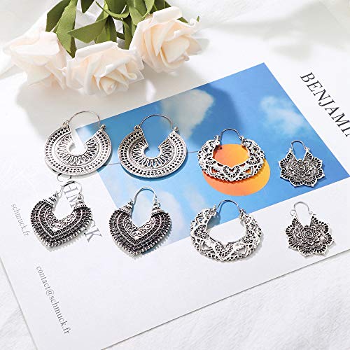 Florideco 6 Pairs Vintage Bohemian Drop Dangle Earrings Boho National Style Hollow Petal Heart Shaped Beaded Statement Earrings for Women Hypoallergenic Silver Jewelry