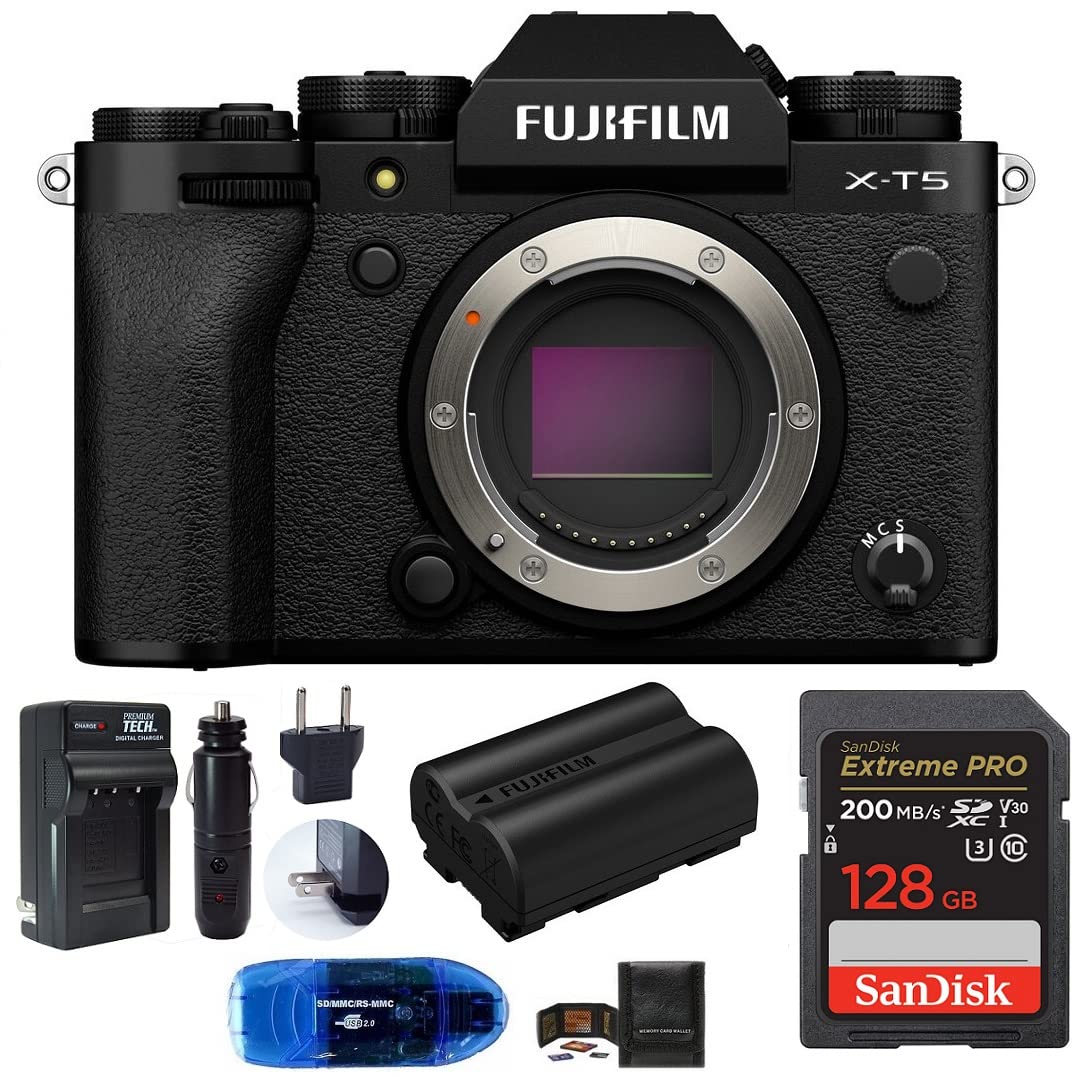 Fujifilm X-T5 Mirrorless Digital Camera Body Bundle, Includes: SanDisk 128GB Extreme PRO SDXC Memory Card, Spare Fujifilm NP-W235 Battery and More (6 Items) (Black)
