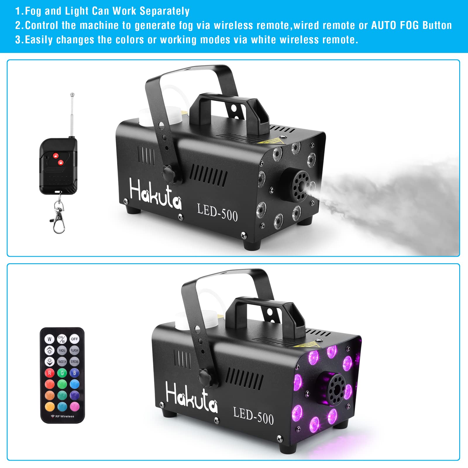 Fog Machine, HAKUTA Automatic Spray Smoke Machine with 8 LED Lights and 13 Colorful LED Lighting Effects, 500W and 2000CFM Fog LED Fog Machine, Perfect for Wedding, Christmas, Halloween, Performance