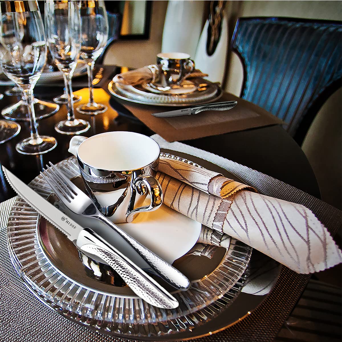 HISSF Steak knives Set of 8,Serrated Stainless Steel Sharp Blade Flatware Steak Knife Set,Unique Hammered Pattern Hollowed Handle,4.5 In,Dishwasher Safe