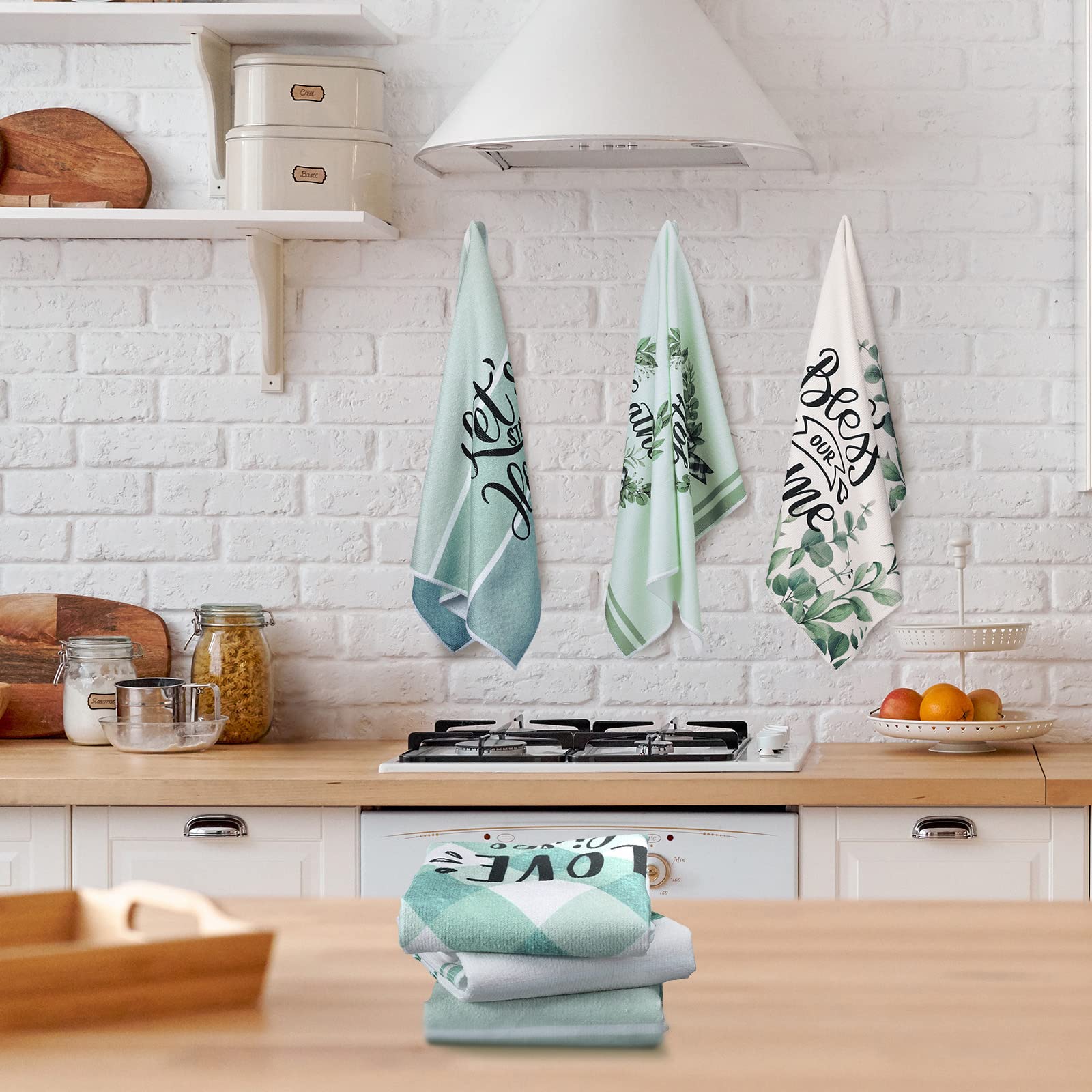 Kajaia 6 Pcs Spring Kitchen Towels Eucalyptus Leaves Hand Towels 15.7 x 23.6 Inch Summer Green Dish Towel Farmhouse Absorbent Decorative Tea Towels Dishcloths for Home Bathroom Decor Housewarming Gift