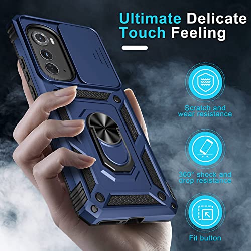 Motorola Moto Edge 2022 Case Built in Slide Camera Cover and Screen Protector [Not for Edge Plus],Heavy Duty Shockproof Full Body Phone Cover,Built in Finger Ring Stable Holder Kickstand,2022 Blue