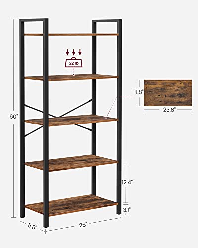 VASAGLE ALINRU Bookshelf, Bookcase, 5-Tier Storage Rack with Steel Frame, for Living Room, Office, Study, Hallway, Industrial Style, Rustic Brown and Black ULLS061B01