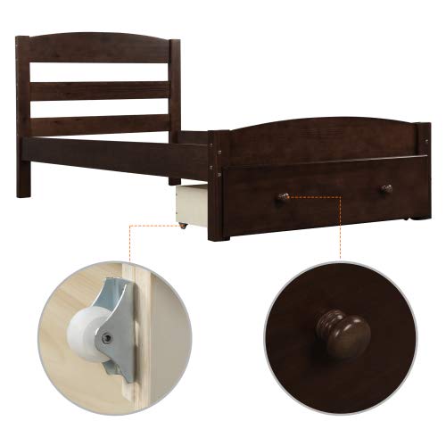 Twin Bed Frames with Storage Drawer for Kids, Modern Wooden Platform Bed Frame Twin Single Bed for Boy Girl Teens, Space Saving, No Box Spring Needed (Espresso)