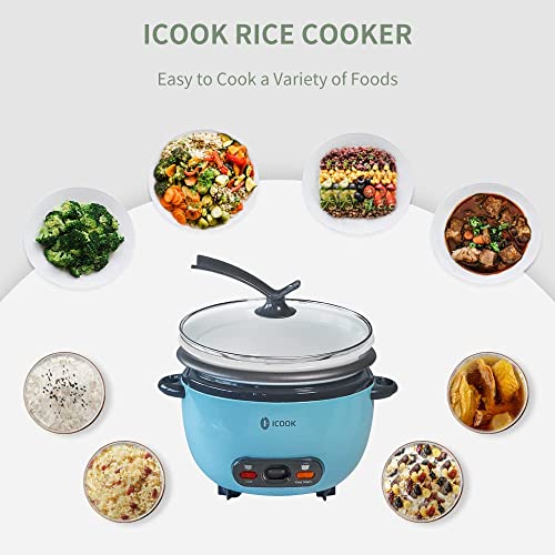 ICOOK Blue Rice Cooker 1L Grains,Oatmeal,Cereals Cooker,Rice Warmer Steamer,Small Mini Rice Cooker Removable Nonstick Pot,Full View Glass Lid,Stand Plastic Knob