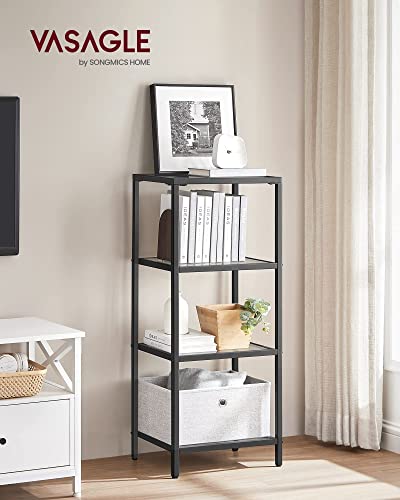 VASAGLE Bookcase, 4-Tier Bookshelf, Slim Shelving Unit for Bedroom, Bathroom, Home Office, Tempered Glass, Steel Frame, Black ULGT028B61