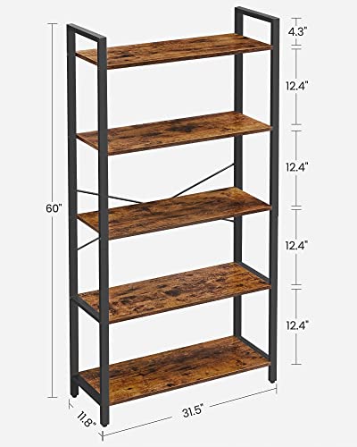 VASAGLE Bookshelf, 5-Tier Storage Rack with Steel Frame, for Living Room, Office, Study, Hallway, Industrial Style, Rustic Brown + Black, β11.8 x β31.5 x 60 inches