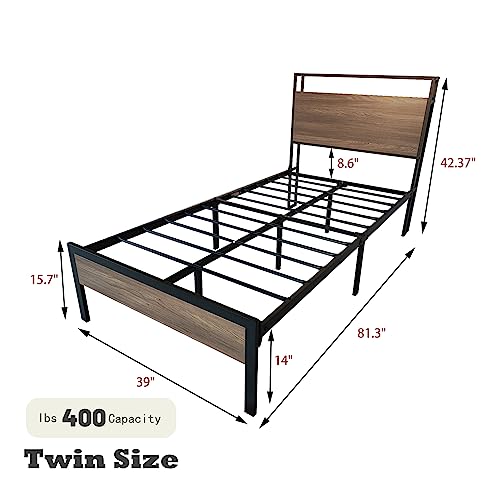 NNV Industrial Twin Size Bed Frame with Headboard Stoarge, Metal Platform Bed Frame with LED Lights and USB Ports, Sturdy and No Noise Easy Installation No Box Spring Needed, Grey