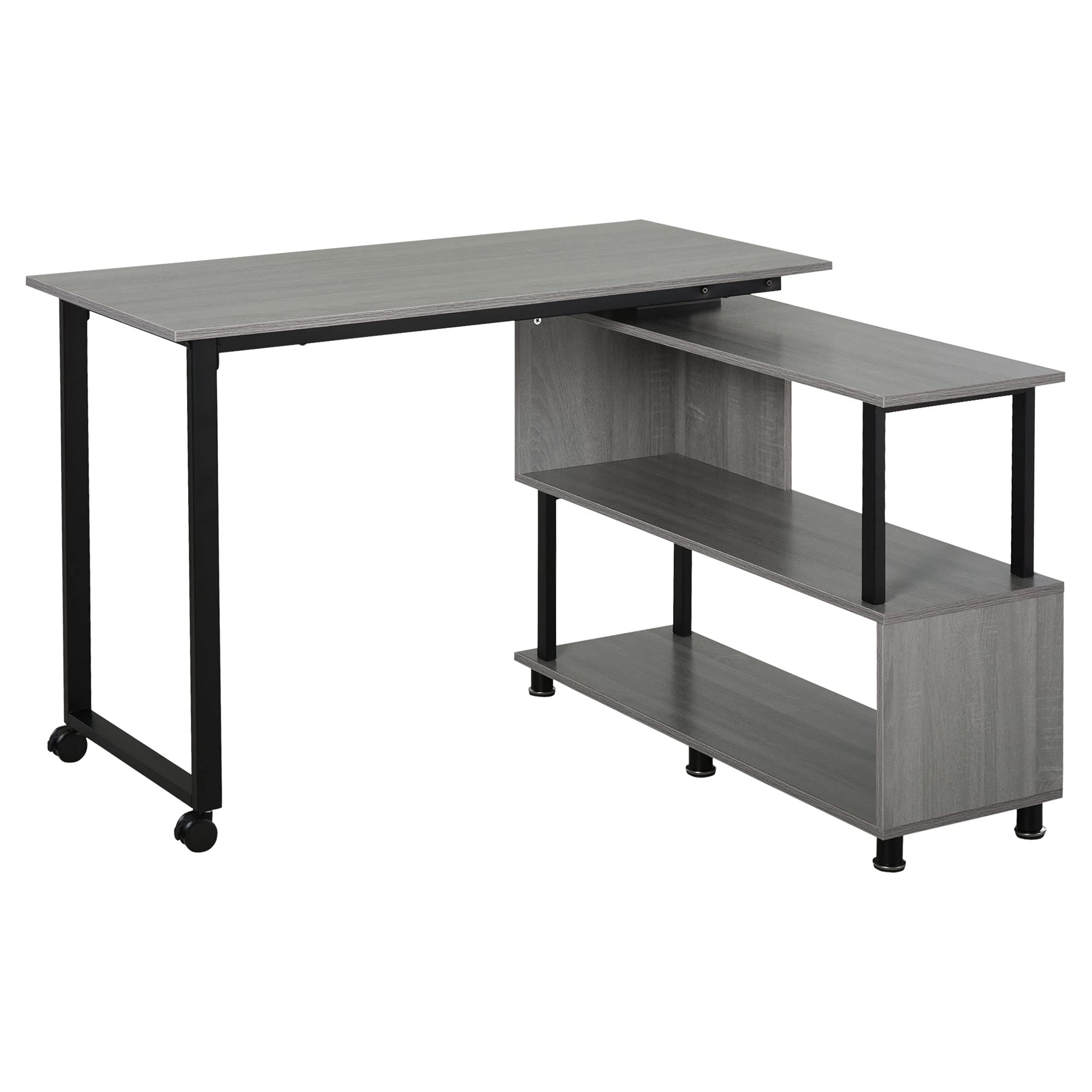 HOMCOM Mobile L-Shaped Rotating Computer Desk with Storage Shelves Moveable Rolling Writing Table Home Office Study Workstation for Home Office, Grey