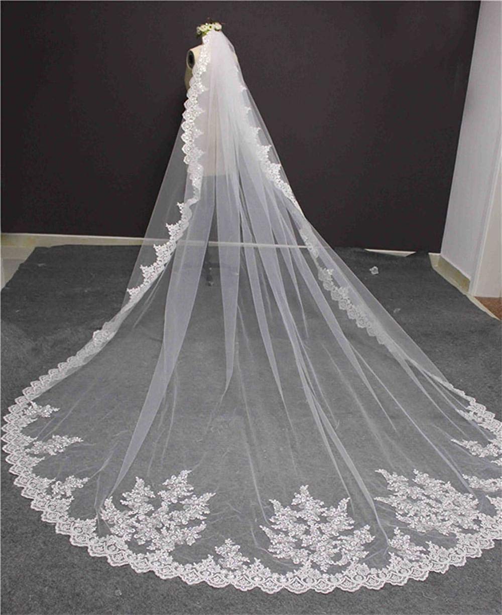 Faithclover Wedding Veils White 1 Tier Sequins Lace Cathedral Long with Comb, Ivory, 3 Meter