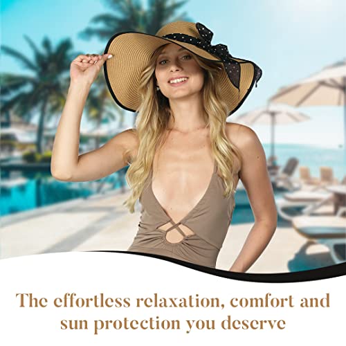 Funcredible Khaki Sun Hat for Women - Khaki Wide Brim Hat - Large Floppy Beach Hat - Straw Sun Hats with Bow and Heart Shape Glasses (Black Rim)