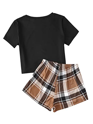 SweatyRocks Women's 2 Piece Pajama Set Graphic Short Sleeve Tee Shirt and Cute Plaid Shorts Black Brown Large