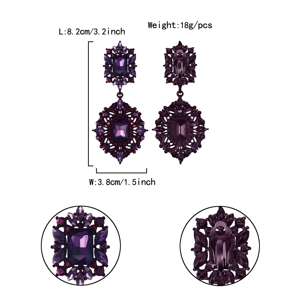 Flyonce Women's Rhinestone Crystal Art Deco Vintage Style Gatsby Clip-on Dangle Chandelier Earrings Purple