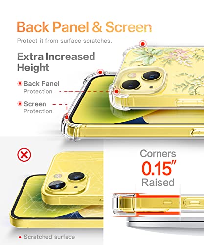 GVIEWIN Bundle - Compatible with iPhone 14 Plus Case with Screen Protector & Camera Lens Protector(Peach Blossom/Yellow)+Phone Ring Holder(Golden Glitter)